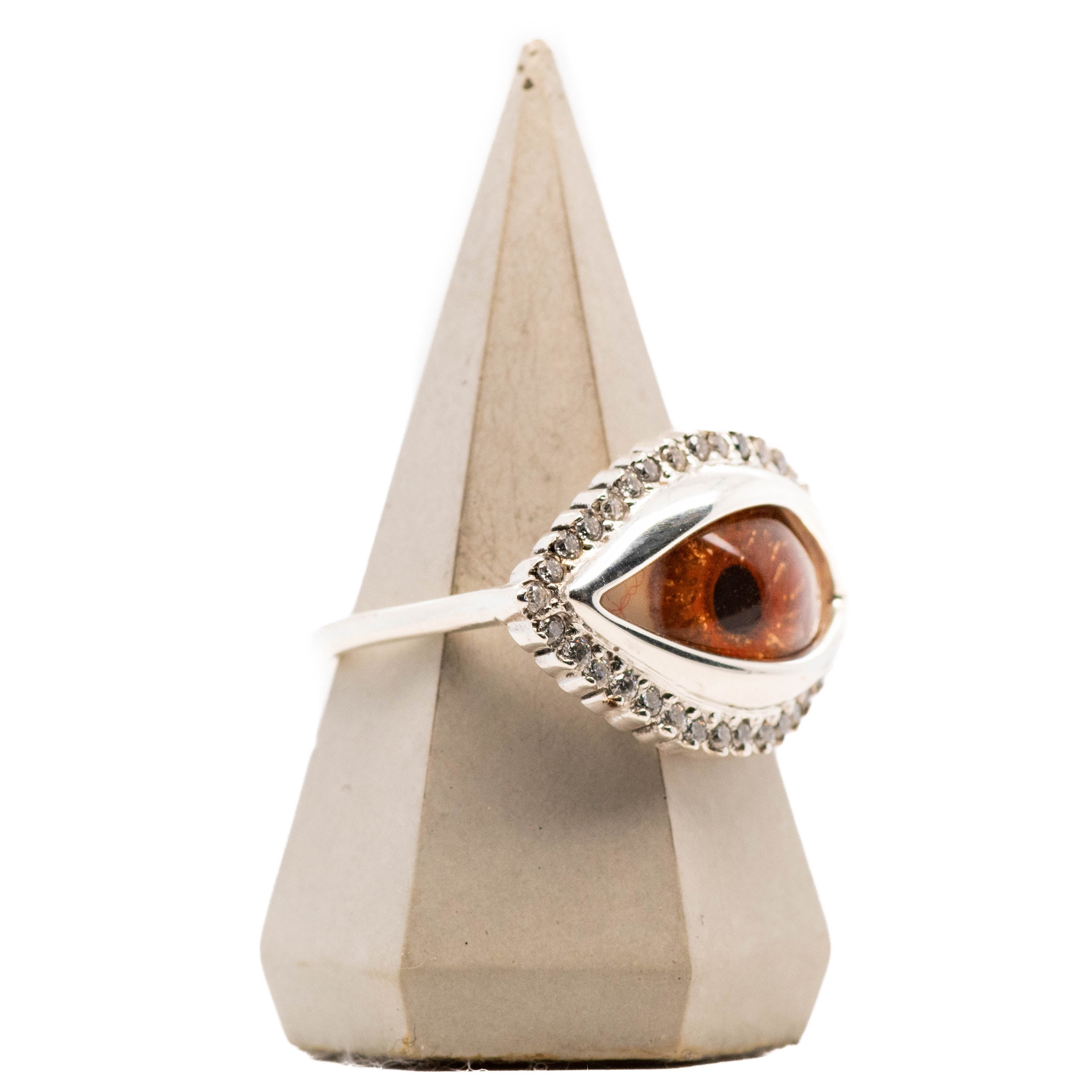 Hand Painted Brown Silver Dali Eye Ring with Moissanite Halo – Eyeba