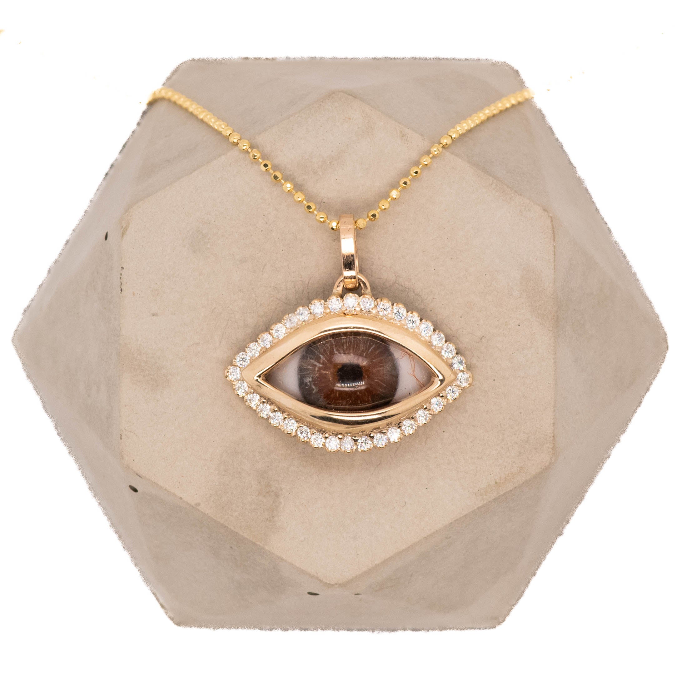 Hand Painted Brown Gold Dali Eye Pendant with Moissanite Halo – Eyeba